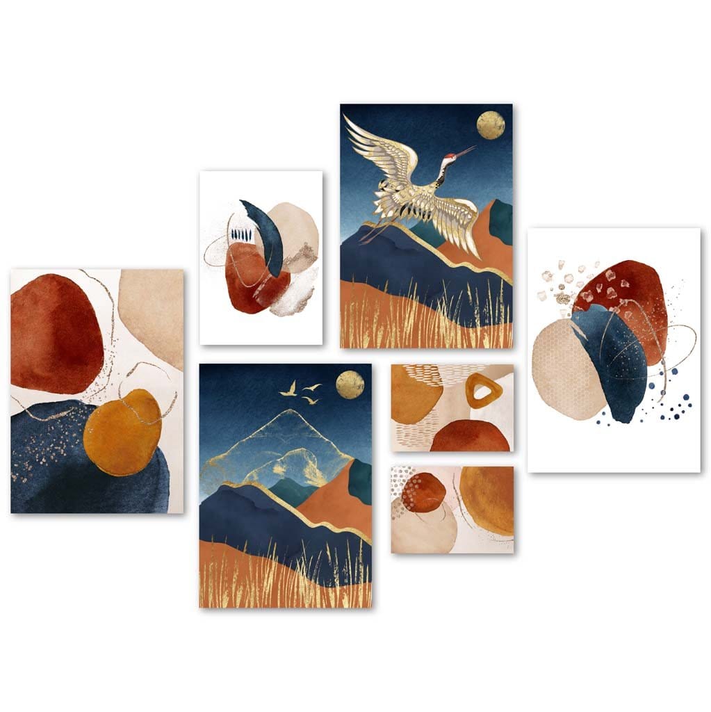 Rynx | Abstract Blue, Orange And Golden Japanese Crane Gallery Wall Ar