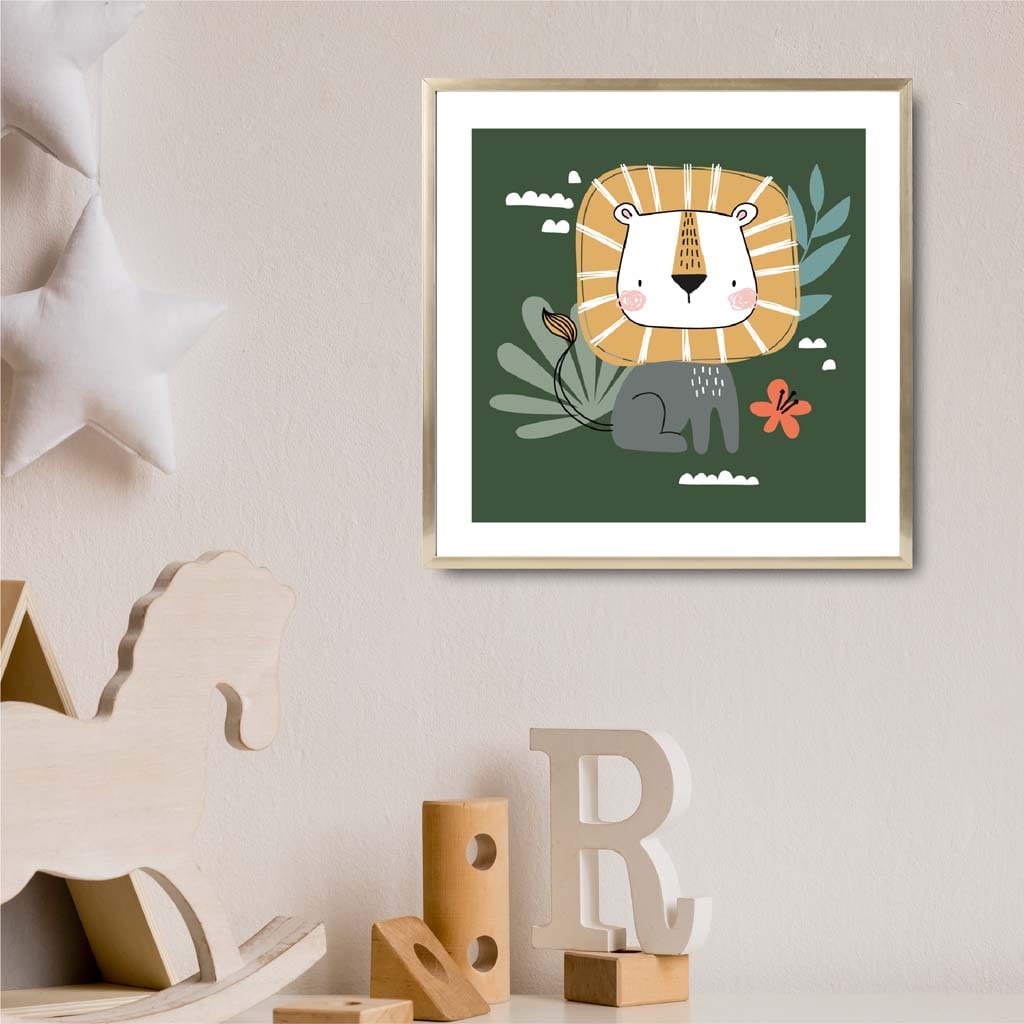 Rynx | Cute Lion Poster On Dark Green Jungle Kids Wall Art