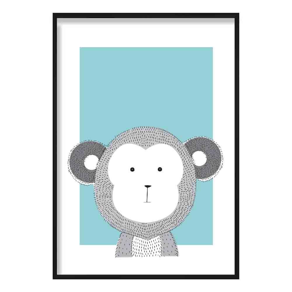 Rynx | Monkey Sketch Style Nursery Duck Egg Blue Art Print