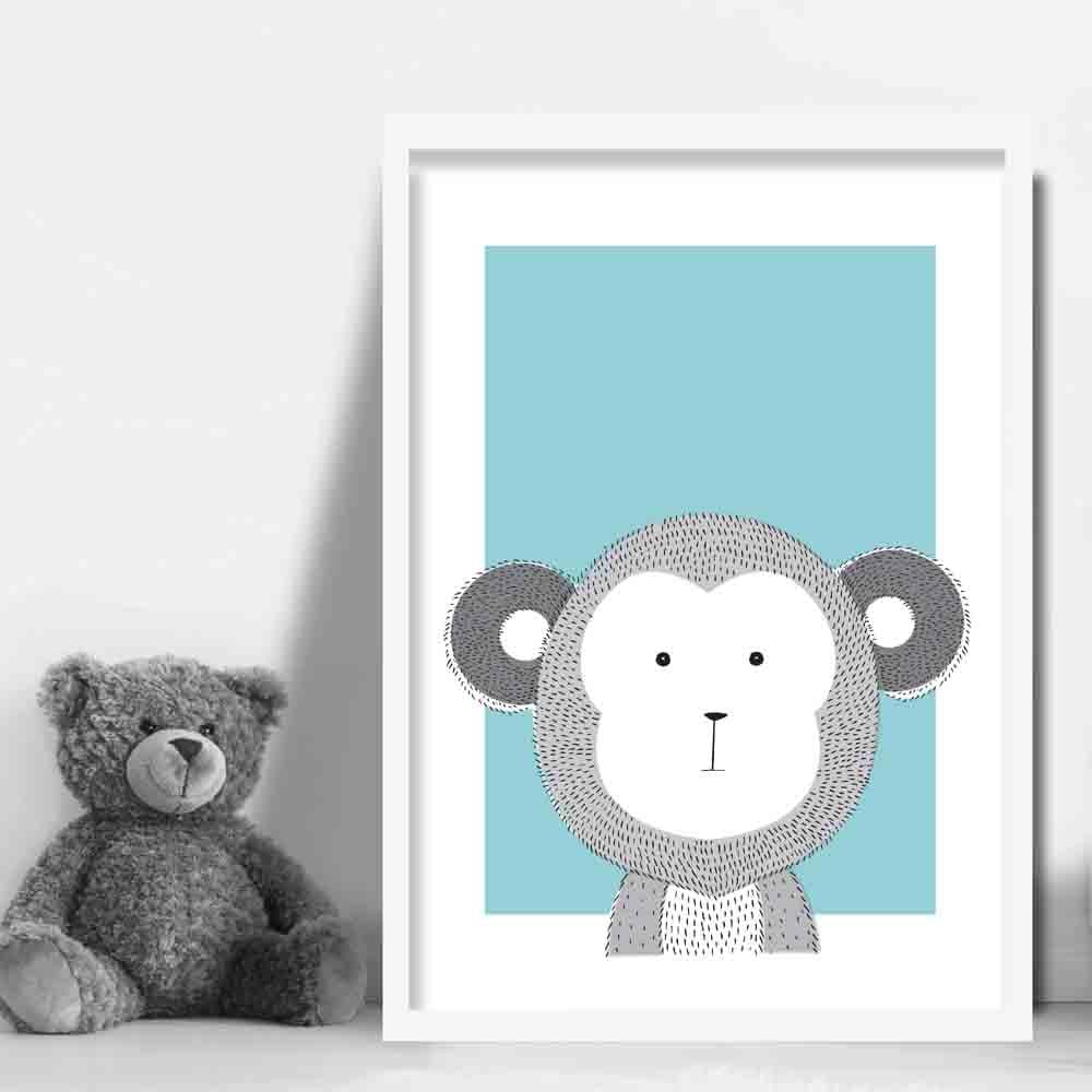 Rynx | Monkey Sketch Style Nursery Duck Egg Blue Art Print