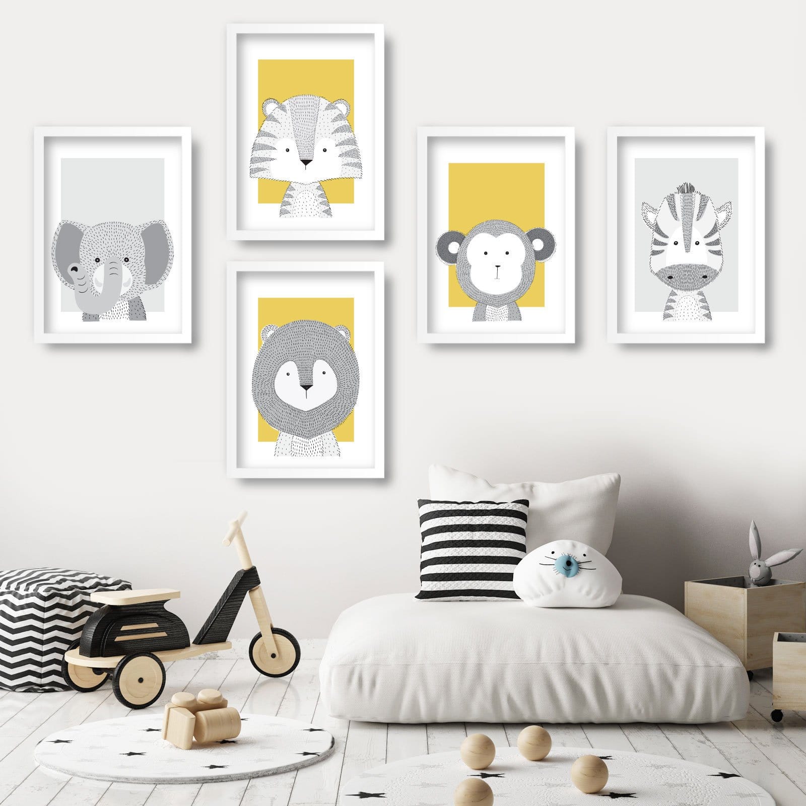 Rynx | Nursery Set of 5 Jungle Animal Gallery Wall Art Prints Yellow E